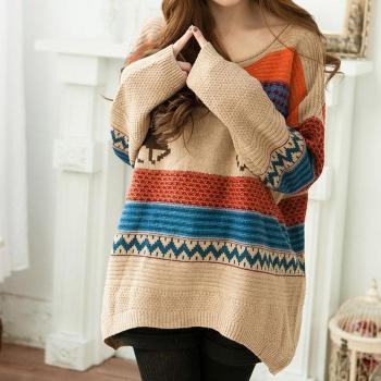 Sweater Cute Deer Patterns Color Block Stripes on Luulla