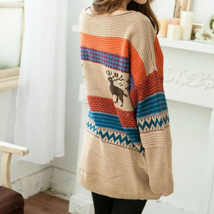 Sweater Cute Deer Patterns Color Block Stripes on Luulla